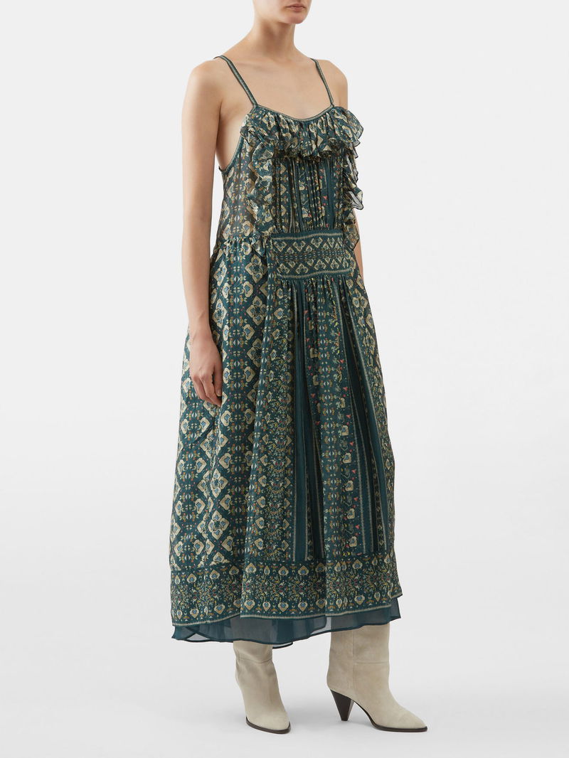 ISABEL MARANT Macha Geometric-Print Ruffled Midi Dress in Green | Endource