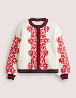 BODEN Knitted Bomber Jacket in Ivory, Red Embroidered | endource