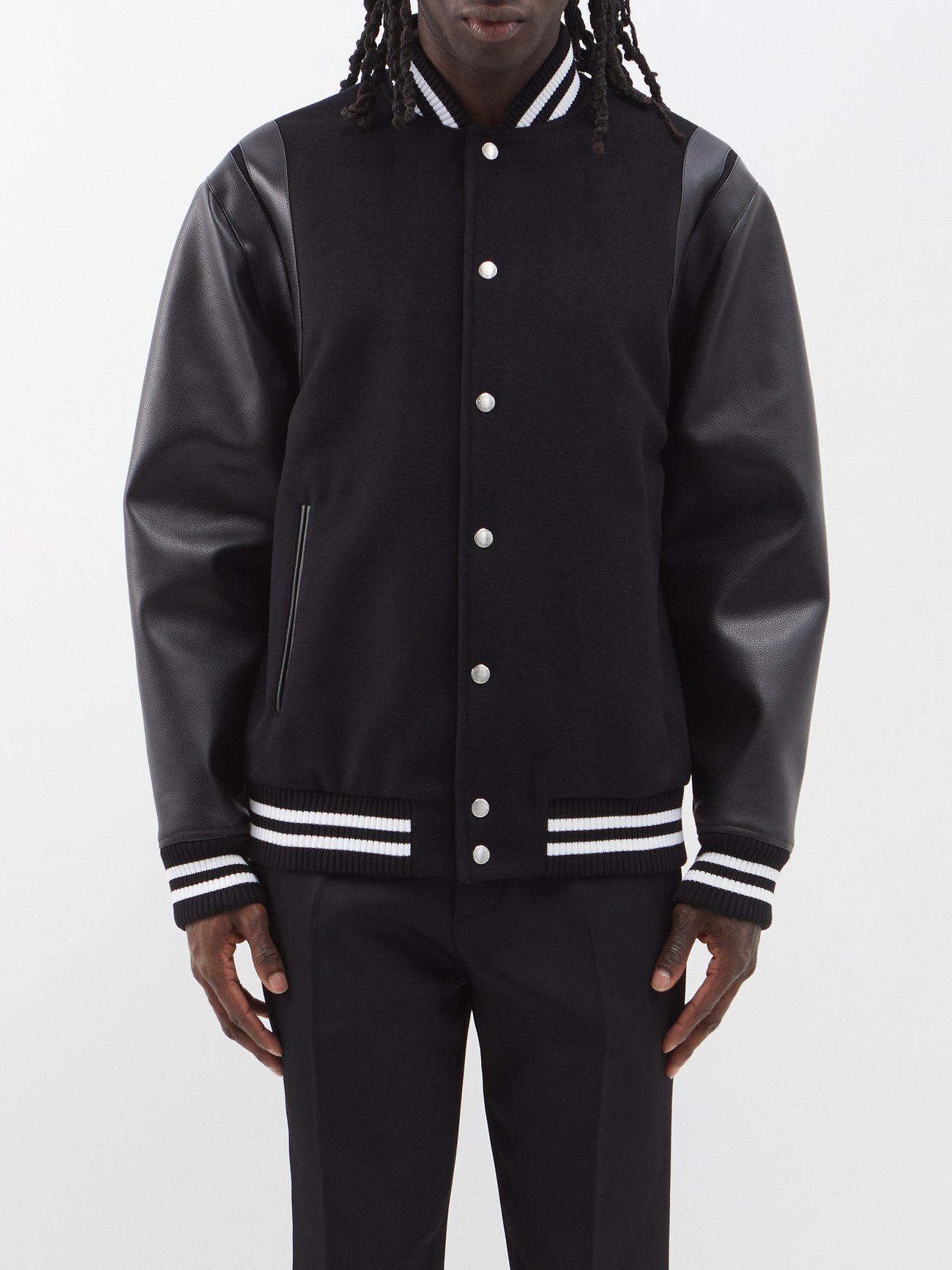 BALMAIN Logo-Appliqué Wool Leather-Trim Varsity Jacket in Black | endource