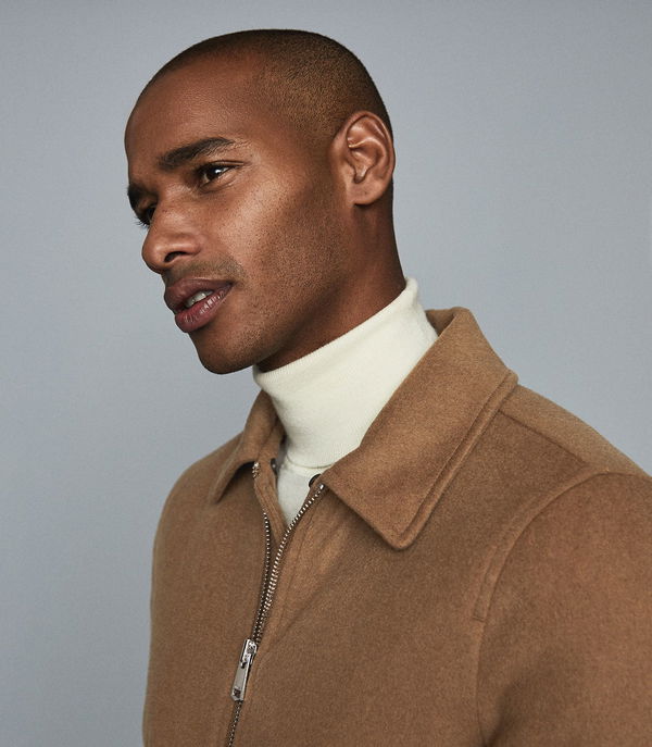 REISS Rivet Wool Blend Bomber Jacket in Camel | endource