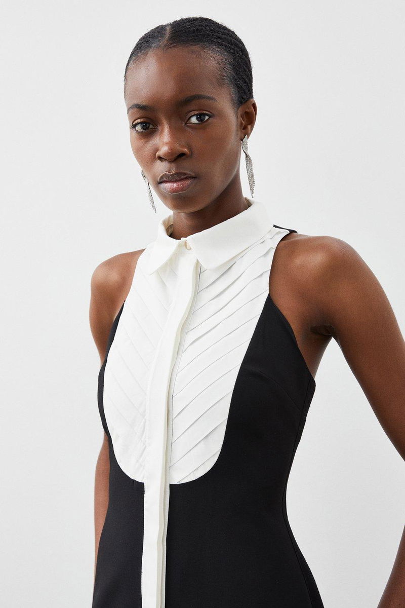 KAREN MILLEN Tailored Compact Stretch Tuxedo Halter Neck Maxi Dress in ...
