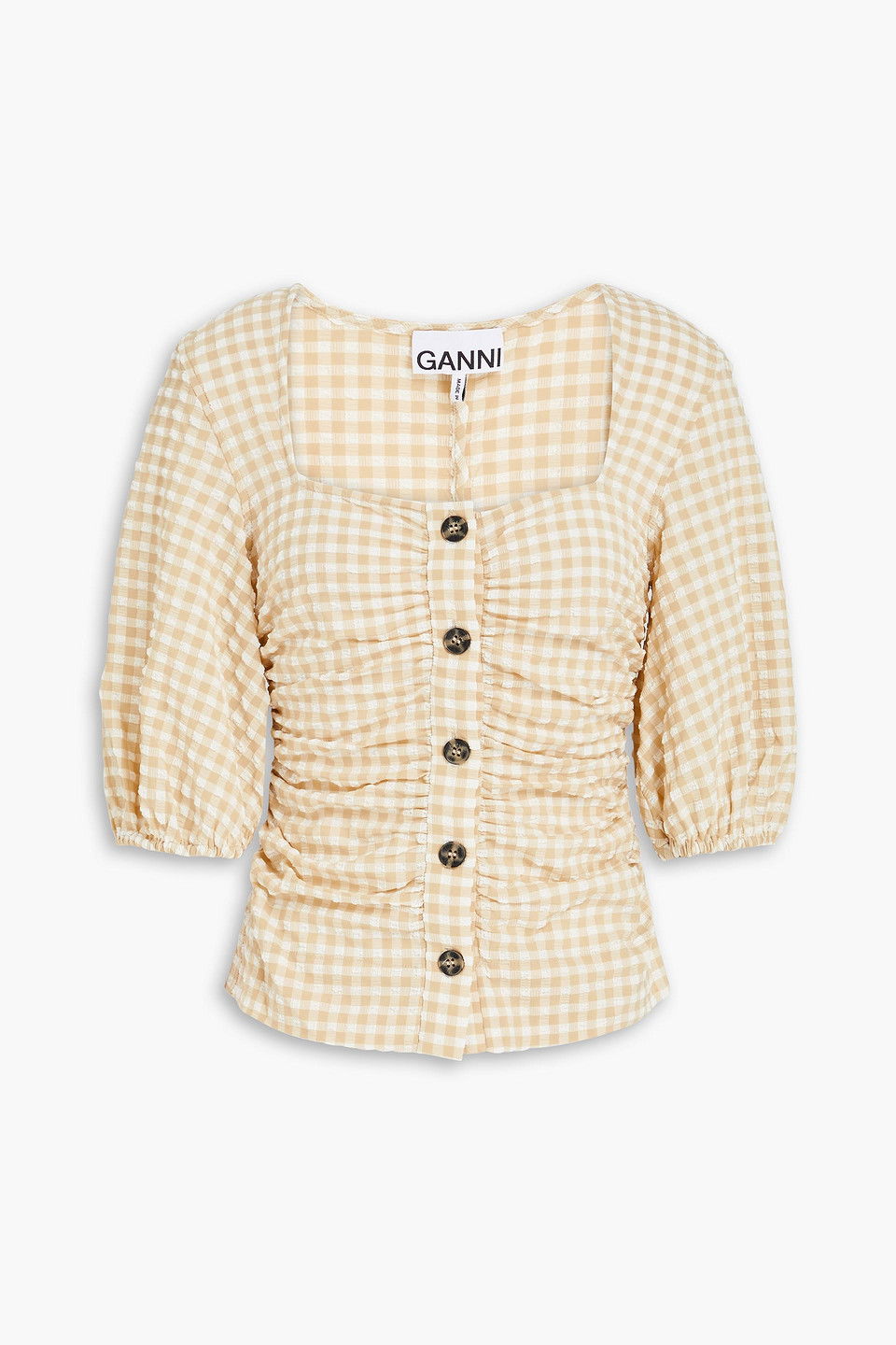 GANNI Ruched Gingham Seersucker Top in Neutral | Endource