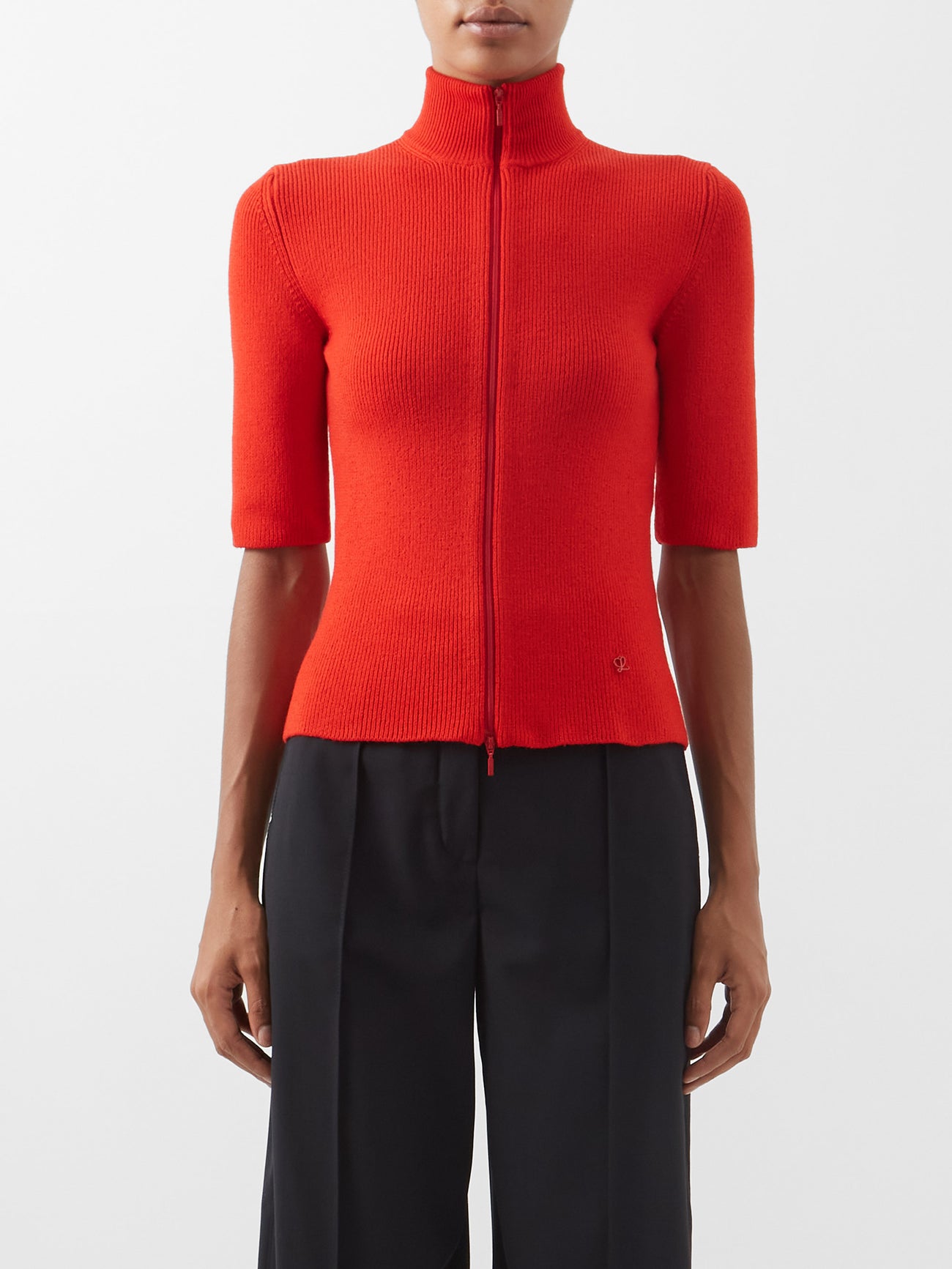 LOEWE Monogram-Plaque Zipped Wool-Blend Sweater in Red | endource