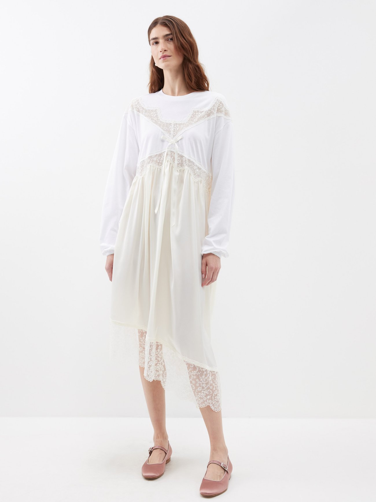 SIMONE ROCHA Lace-Trim Midi Dress in White | endource