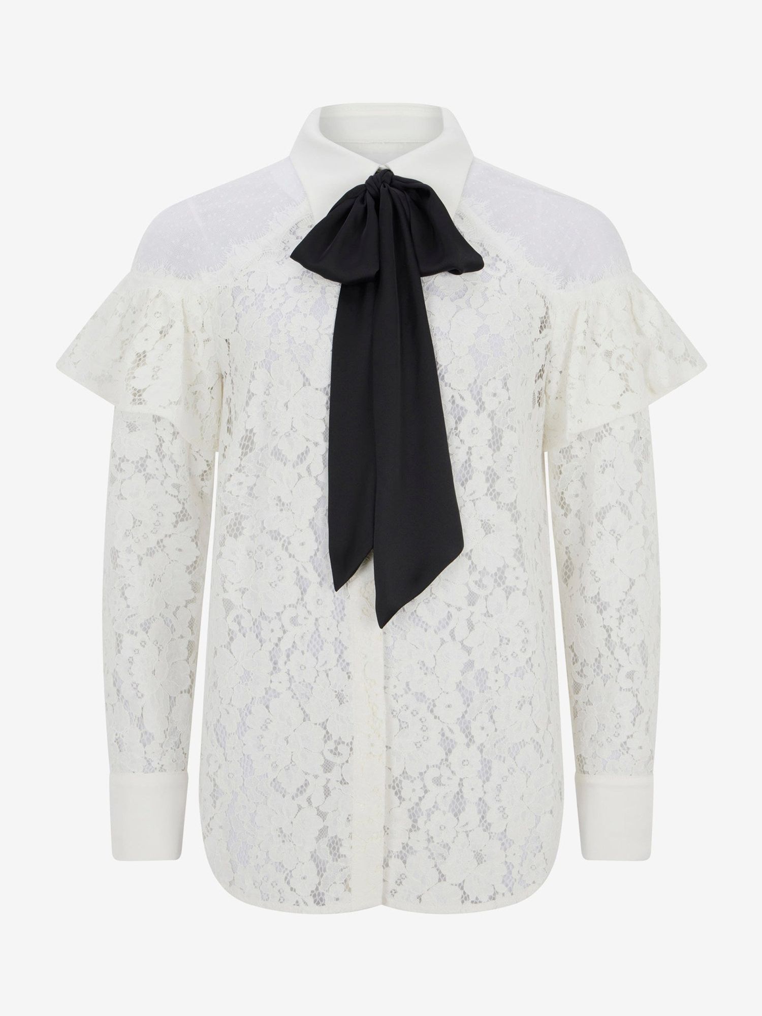 Mint Velvet Tie Neck Lace Ruffle Shirt in White Ivory | Endource