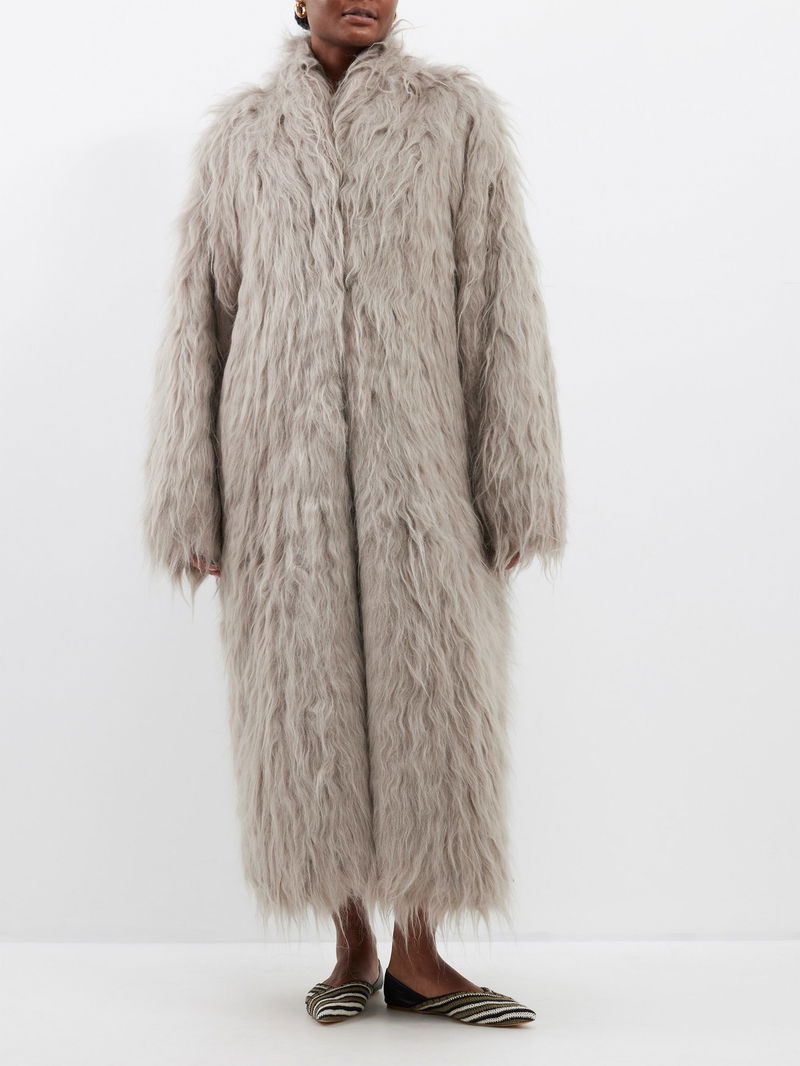 RAEY Collared Shearling Wool-Blend Maxi Coat in Grey | endource