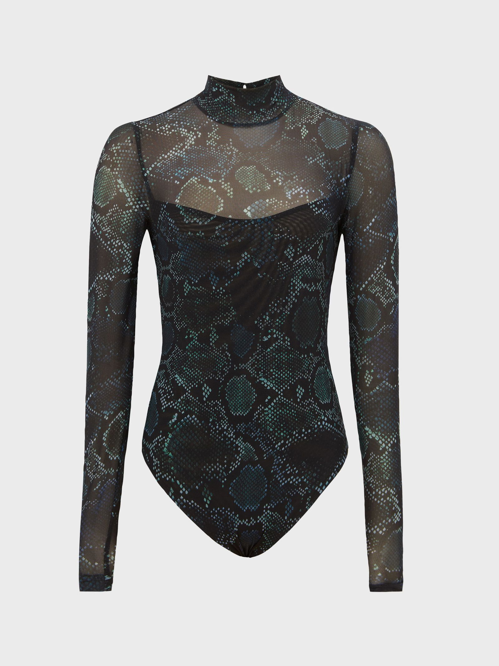 REISS Pamela Snake Print Mesh Bodysuit in Teal | Endource