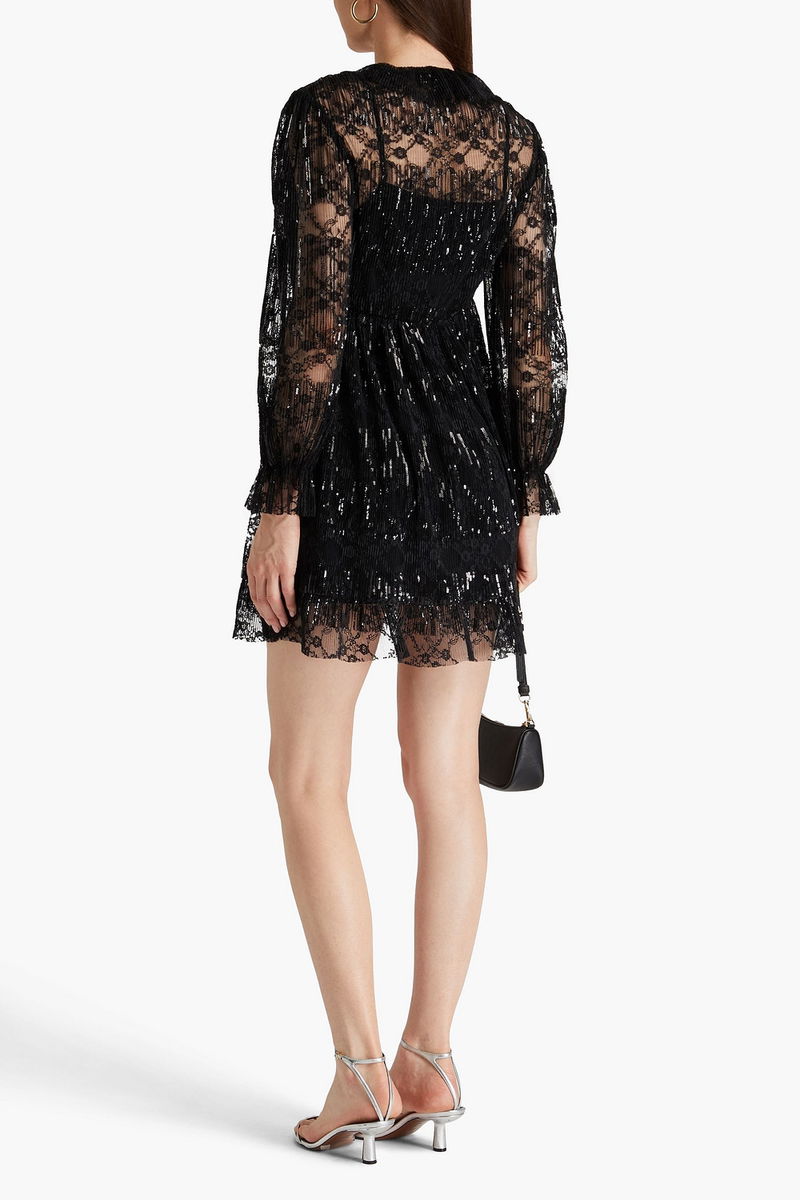MAJE Reville Sequin-Embellished Lace Mini Dress in Black | Endource