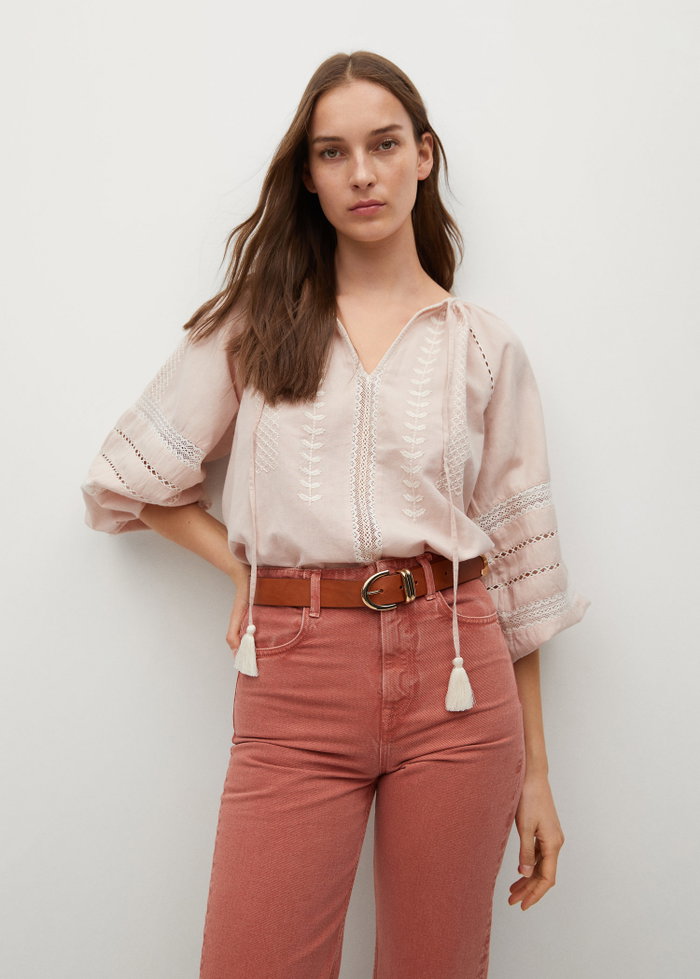MANGO Cotton Linen Embroidered Blouse | endource