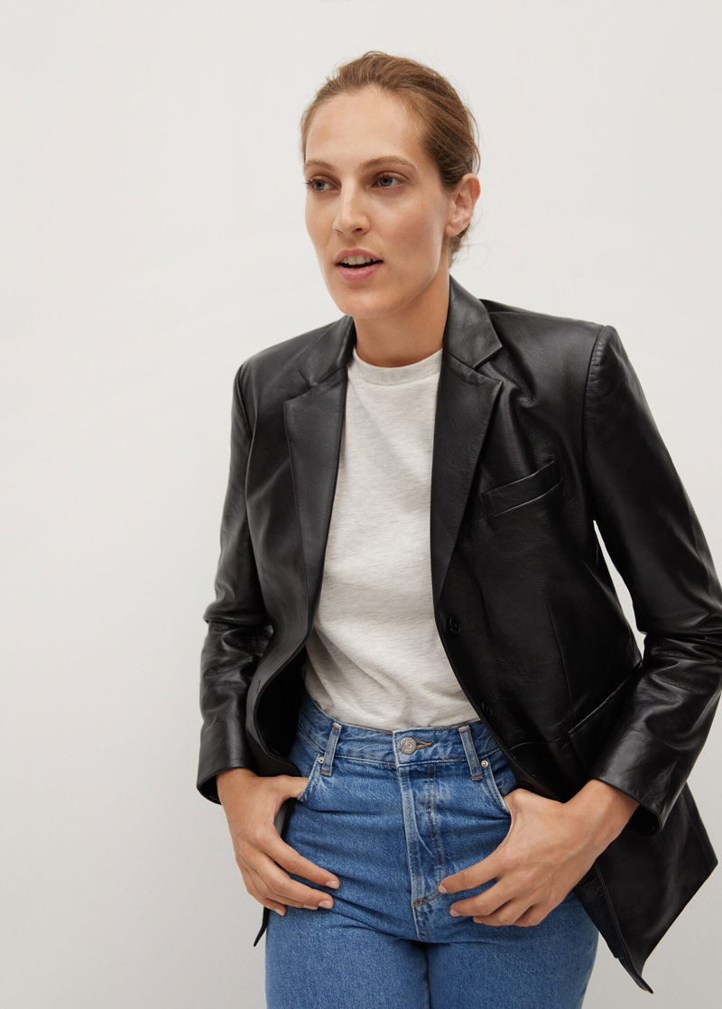 MANGO Leather Blazer in Black | endource