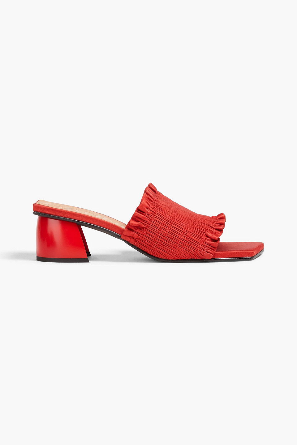 GANNI Ruffled Satin Mules in Red | endource