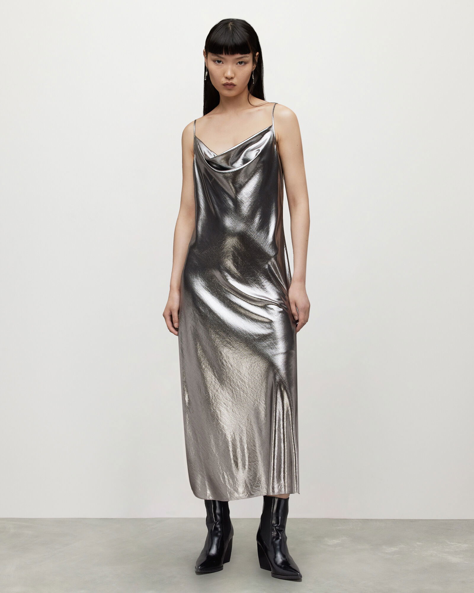 ALLSAINTS Hadley Metallic Midi Slip Dress in Silver | endource