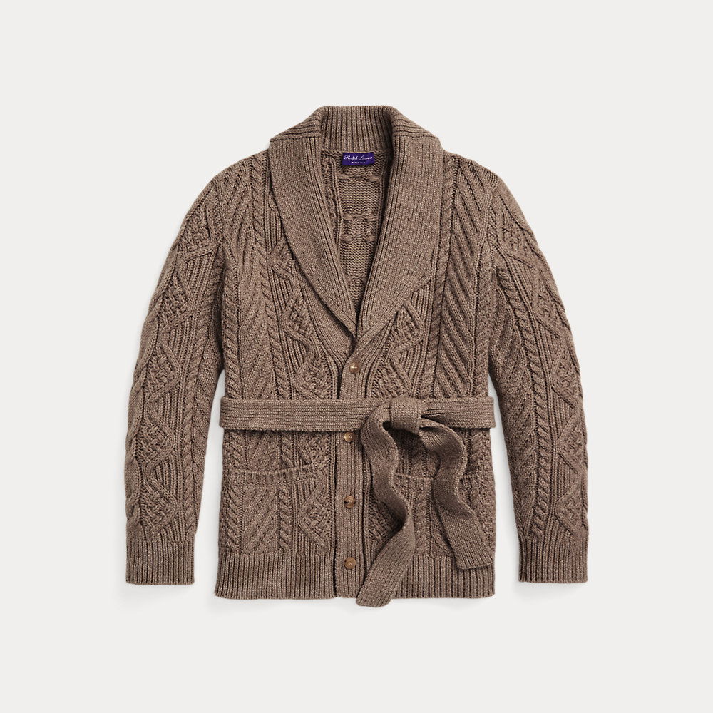 RALPH LAUREN PURPLE LABEL Cable-Knit Cashmere Belted Cardigan in Brown ...