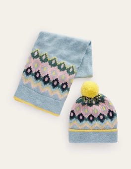 BODEN Fair Isle Hat And Scarf Set in Dusk Blue | endource