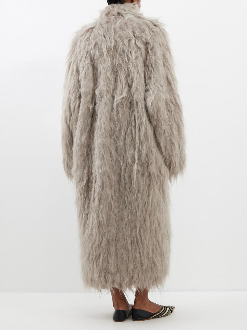 RAEY Collared Shearling Wool-Blend Maxi Coat in Grey | endource