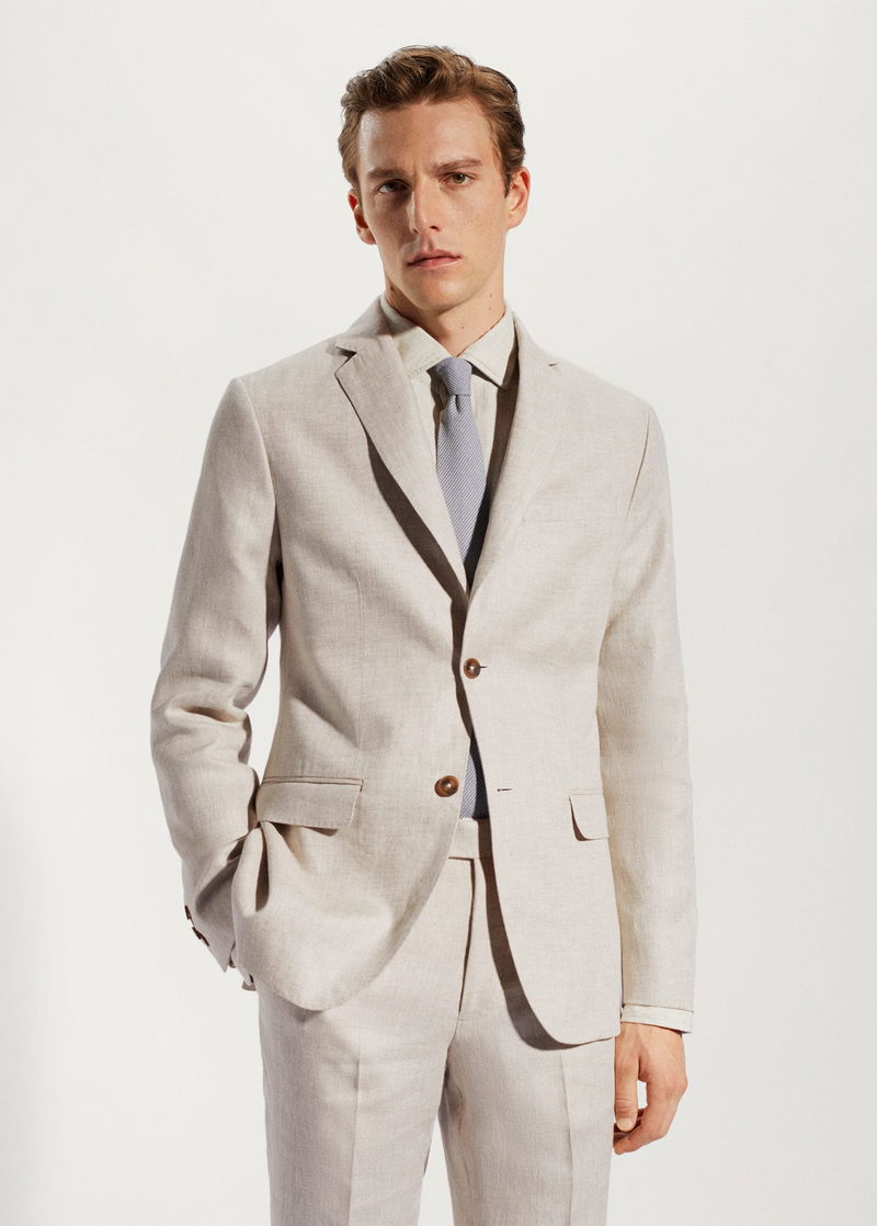 MANGO 100% Linen Slim-Fit Suit Jacket in Beige | endource