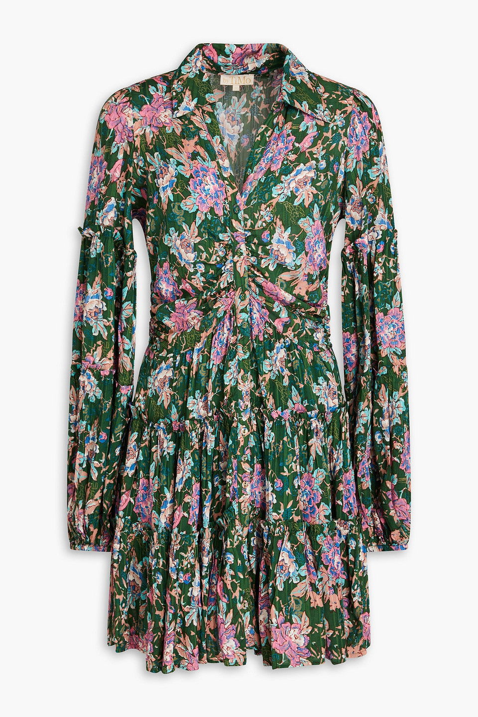 BYTIMO Tiered Floral-Print Jacquard Mini Dress in Green | Endource