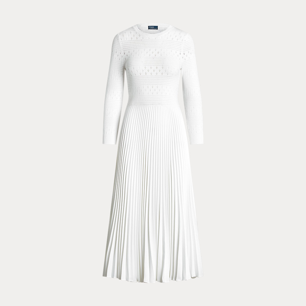 POLO RALPH LAUREN Hybrid Pointelle-Bodice Pleated Dress in White | endource