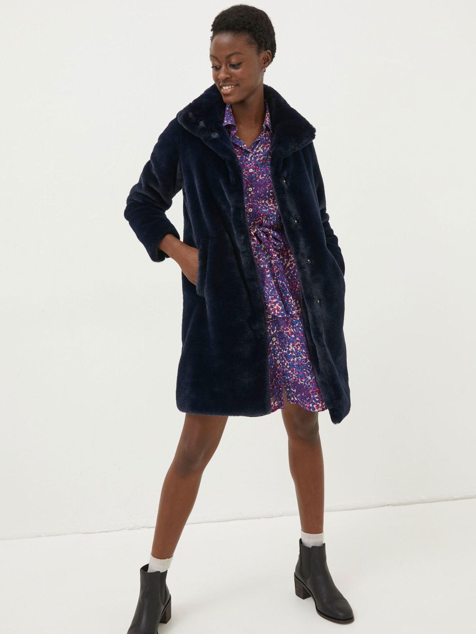 FATFACE Freya Faux Fur Coat in Navy | endource