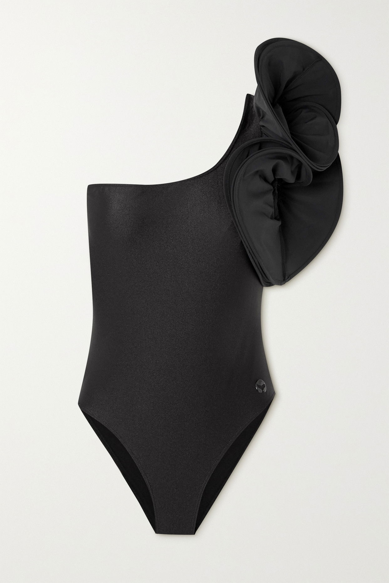 LESLIE AMON Carmen Ruffled One-Shoulder Swimsuit in Black | endource