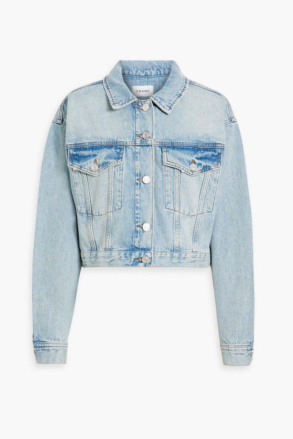 FRAME Cropped Faded Denim Jacket in Blue | endource