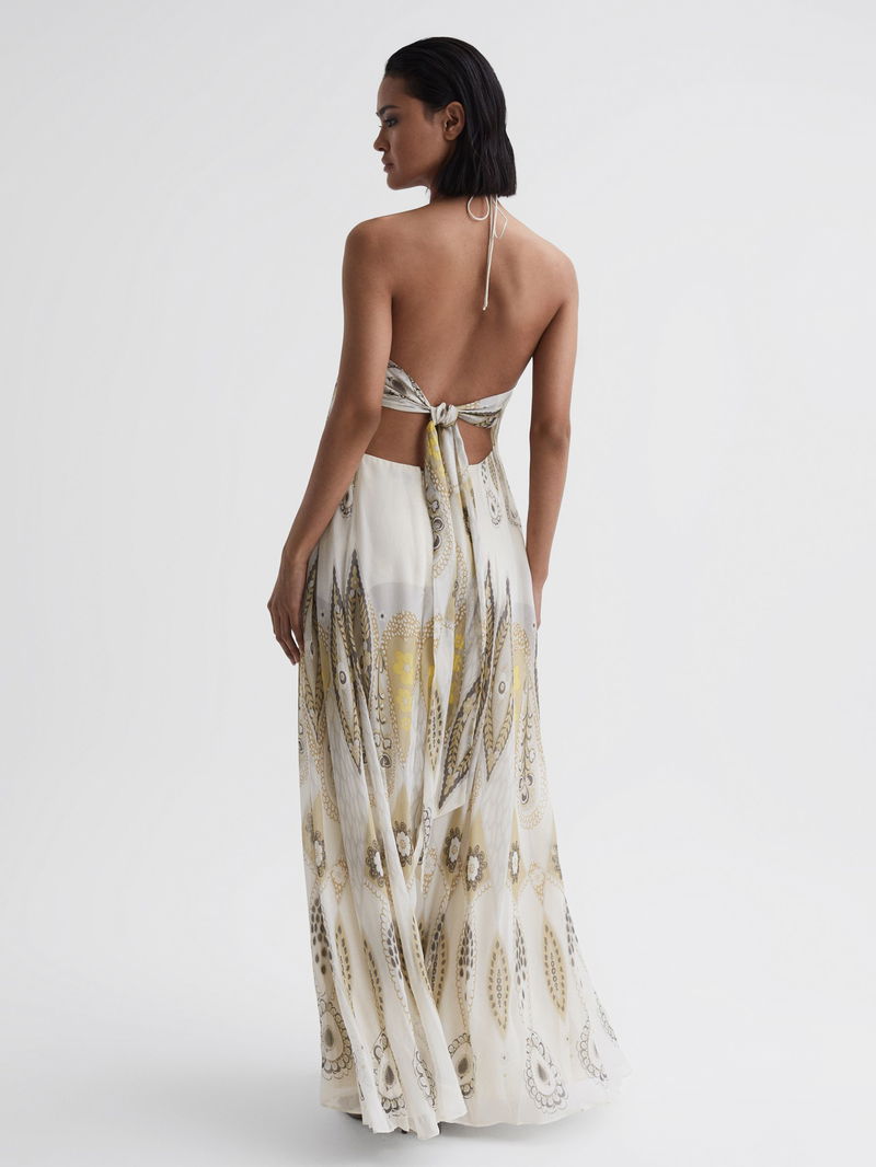 REISS Liza Printed Halter Neck Maxi Dress in Yellow | endource