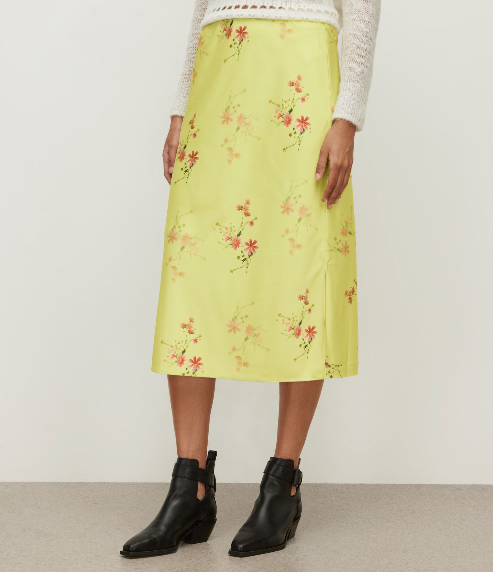 ALLSAINTS Raya Solanio Midi Skirt in Chartreuse Yellow | Endource