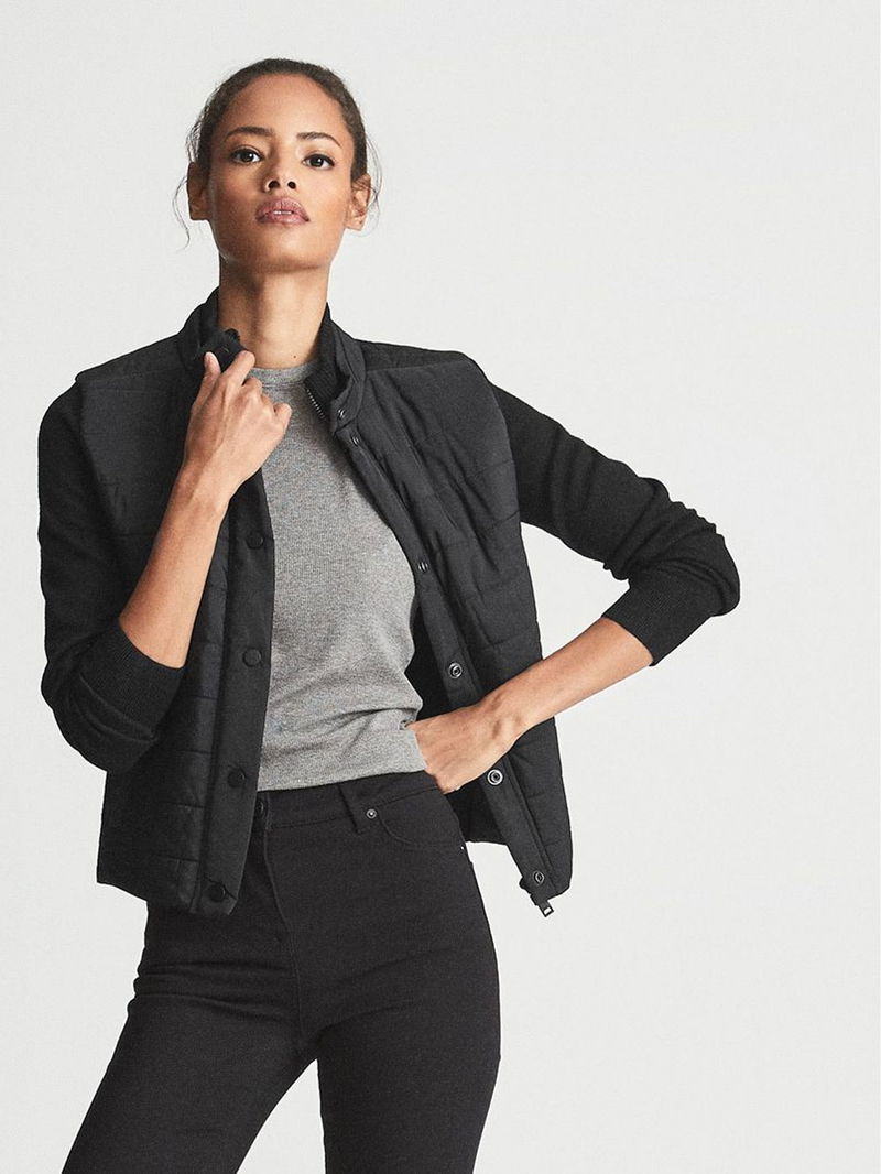 REISS Jade Hybrid Zip Through Quilted Jacket in Black | endource