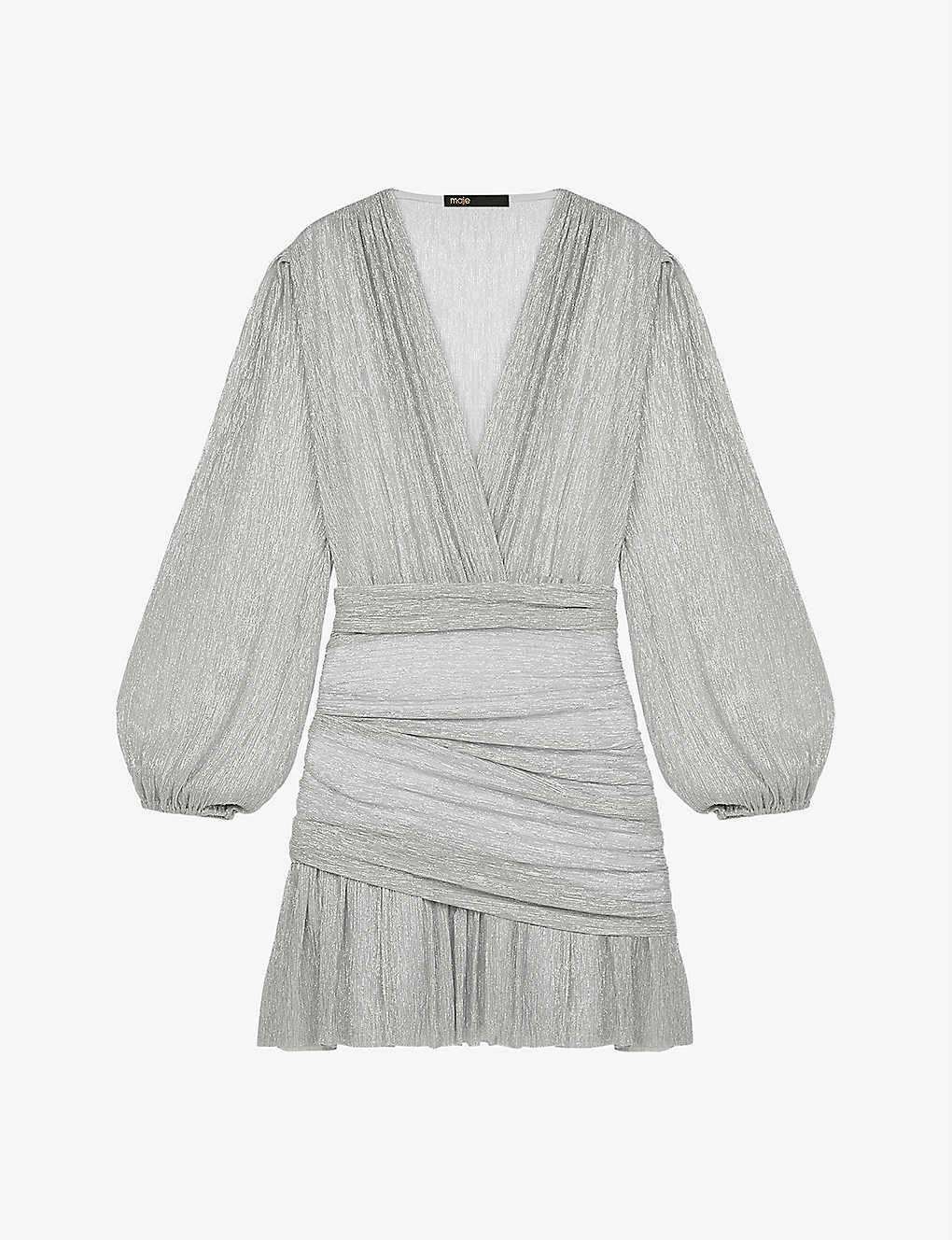 MAJE V-Neck Draped Lurex Mini Dress in NOIRGRIS | Endource