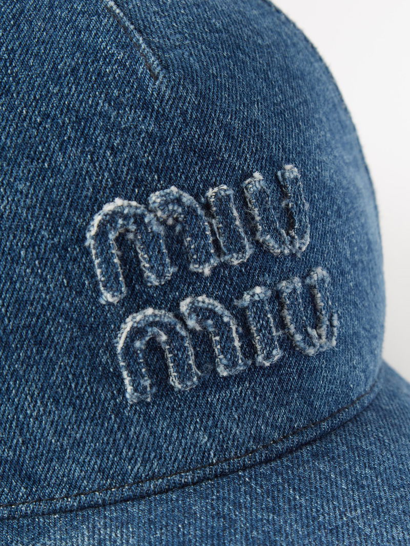 MIU MIU Logo-Appliqué Distressed-Denim Baseball Cap in Blue | Endource