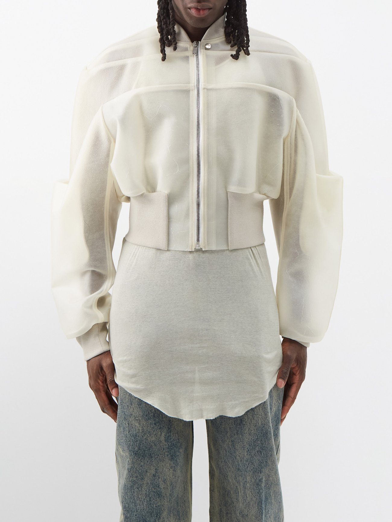 RICK OWENS Girdered Cropped Leather Bomber Jacket in Ivory | Endource