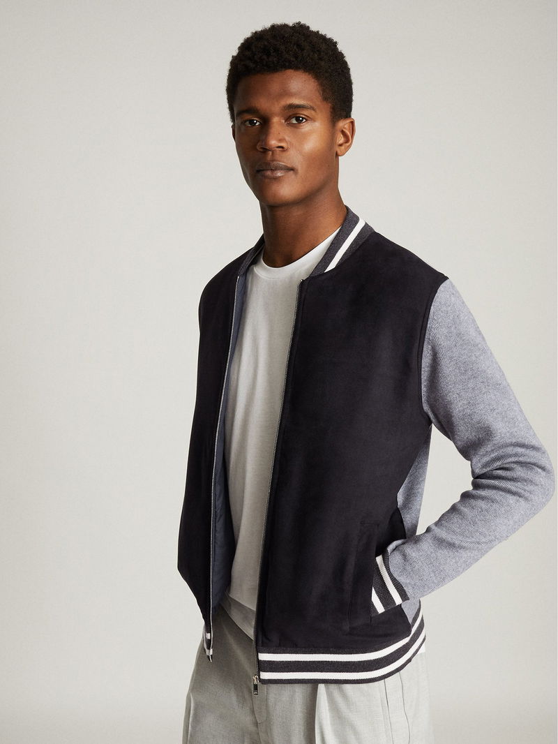 REISS Charlie Contrast Sleeve Bomber Jacket in Navy | endource