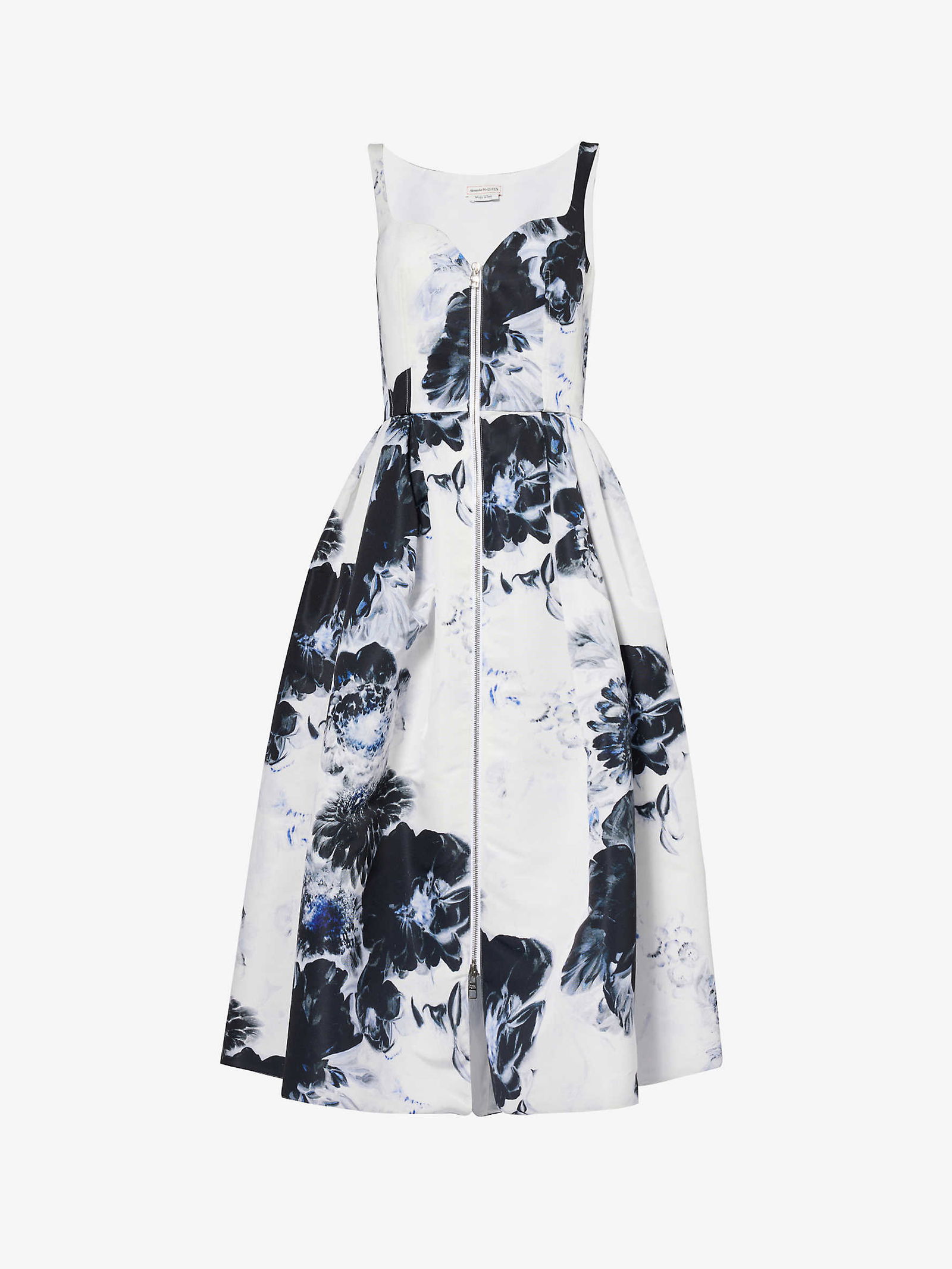 ALEXANDER MCQUEEN Floral-Print Zip-Front Woven Midi Dress in INK | endource
