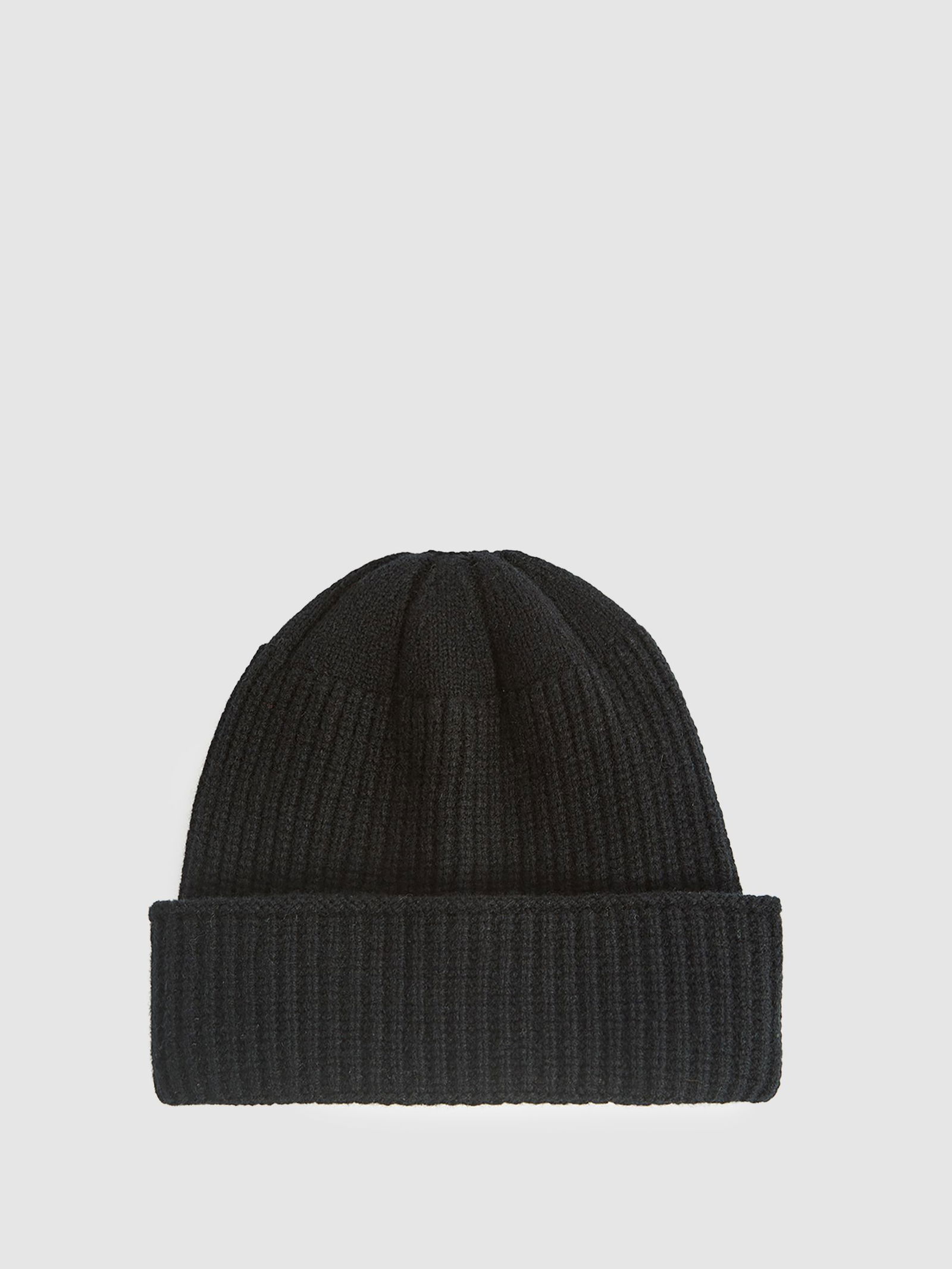 REISS Carina Rib-Knitted Wool Beanie in Black | endource