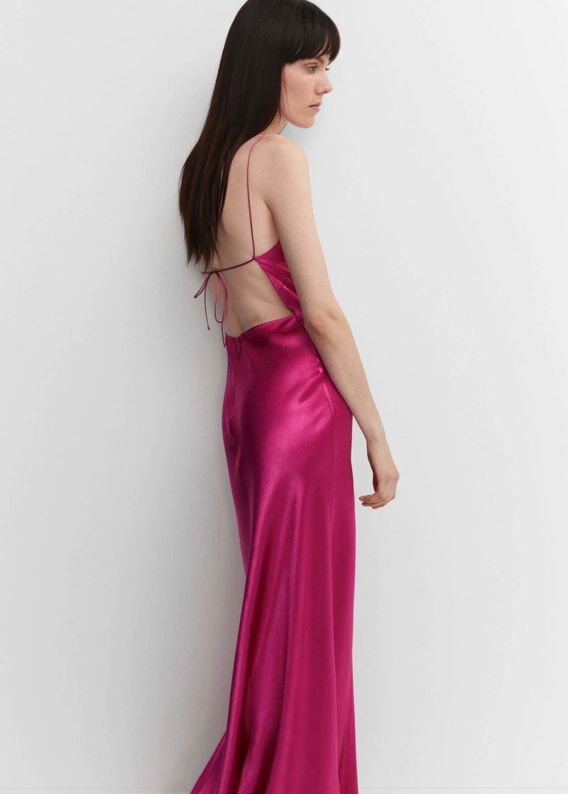 MANGO Side-Slit Satin Dress in Fuchsia | Endource