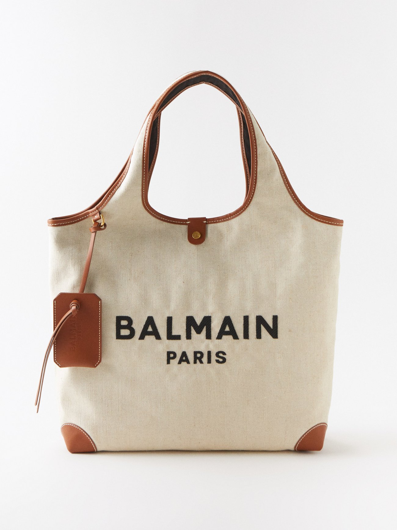 BALMAIN B-Army Medium Leather-Trim Canvas Tote Bag in White | endource
