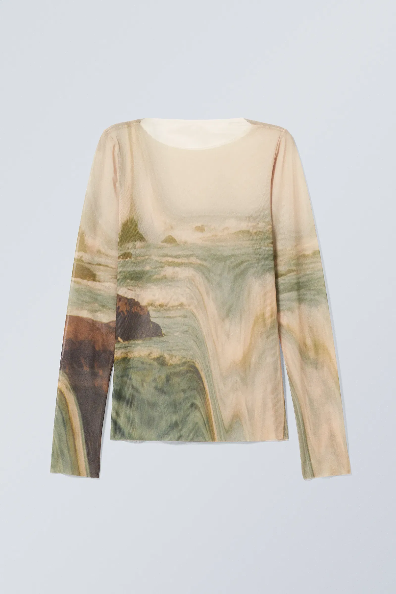 WEEKDAY Long Sleeve Printed Mesh Top in Blurred Landscape | endource