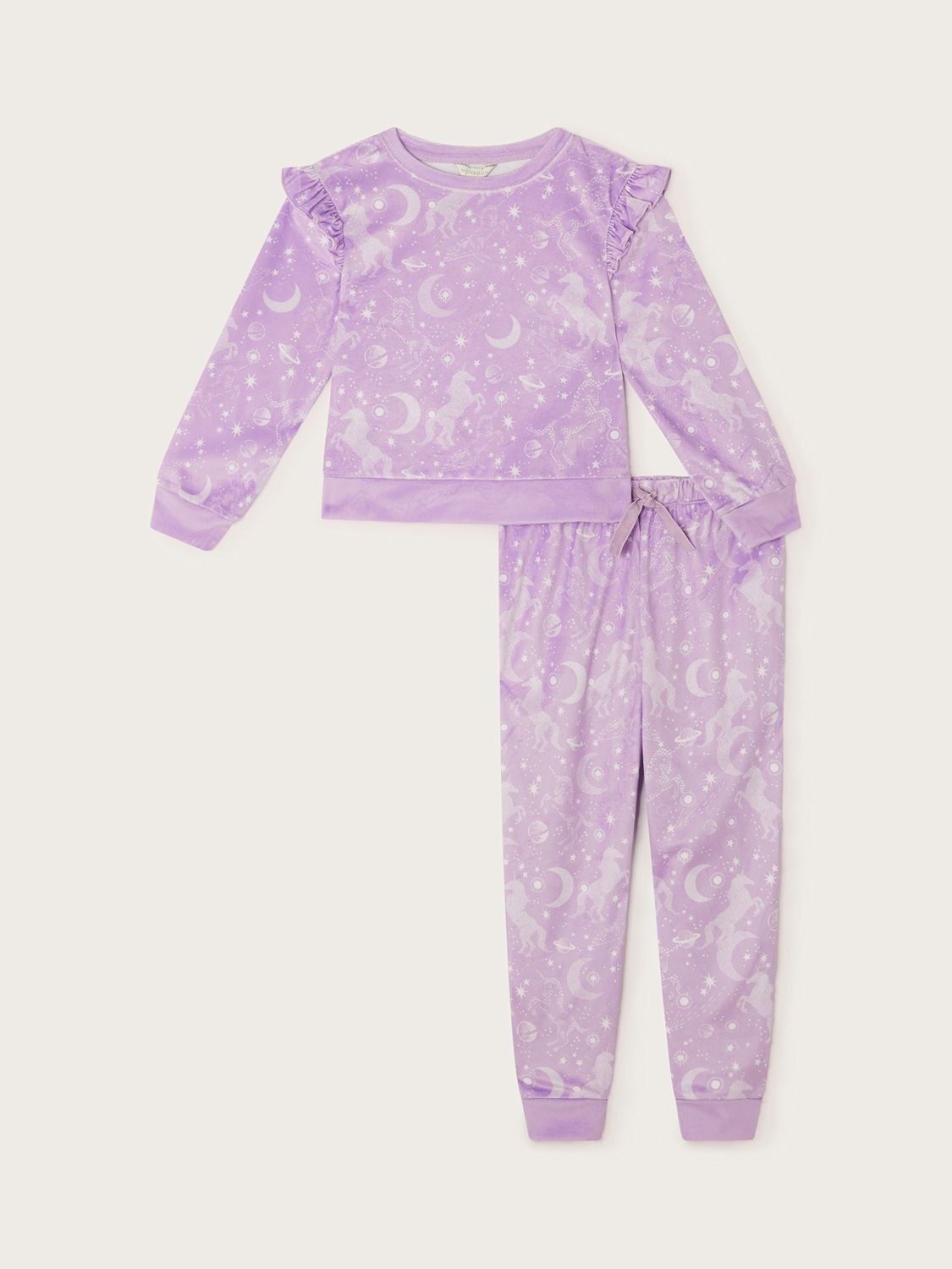 Monsoon Kids' Loungy Vibe Velour Unicorn Pyjamas in Lilac | endource