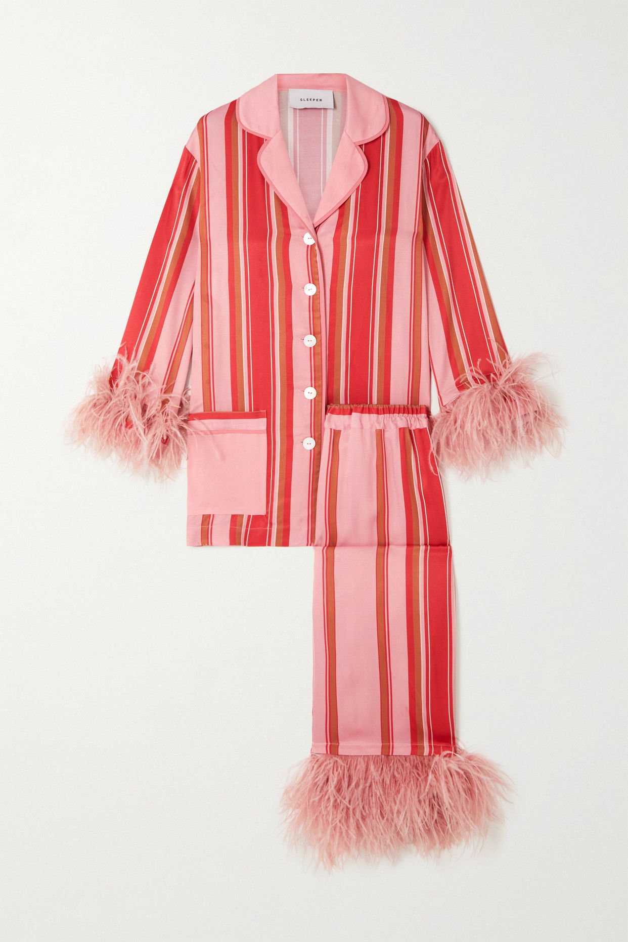 SLEEPER Party Feather-Trimmed Striped Charmeuse Pajama Set in Pink | endource