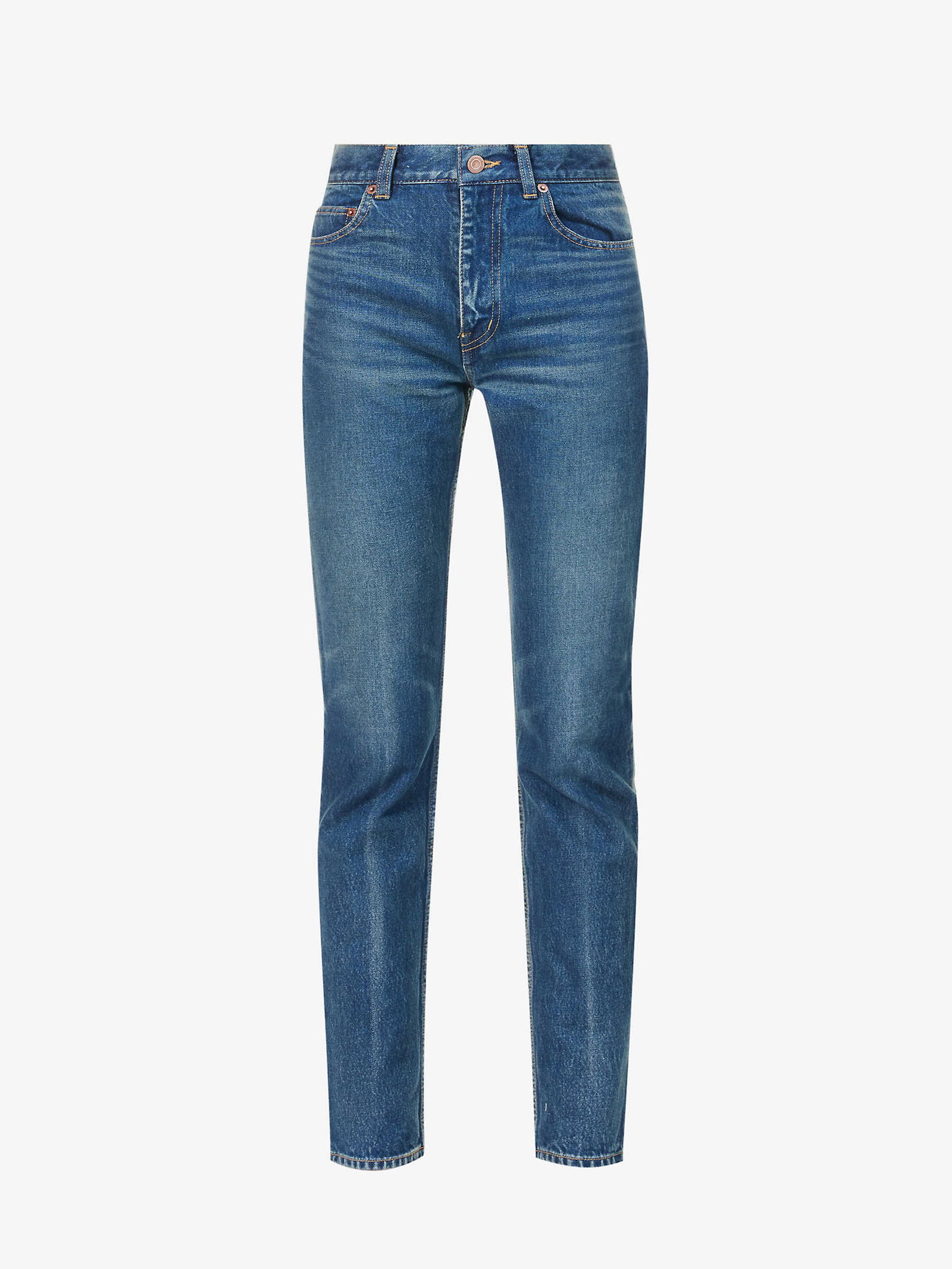 SAINT LAURENT Faded-Wash Slim-Leg Mid-Wash Jeans in Dark Italian Beach ...