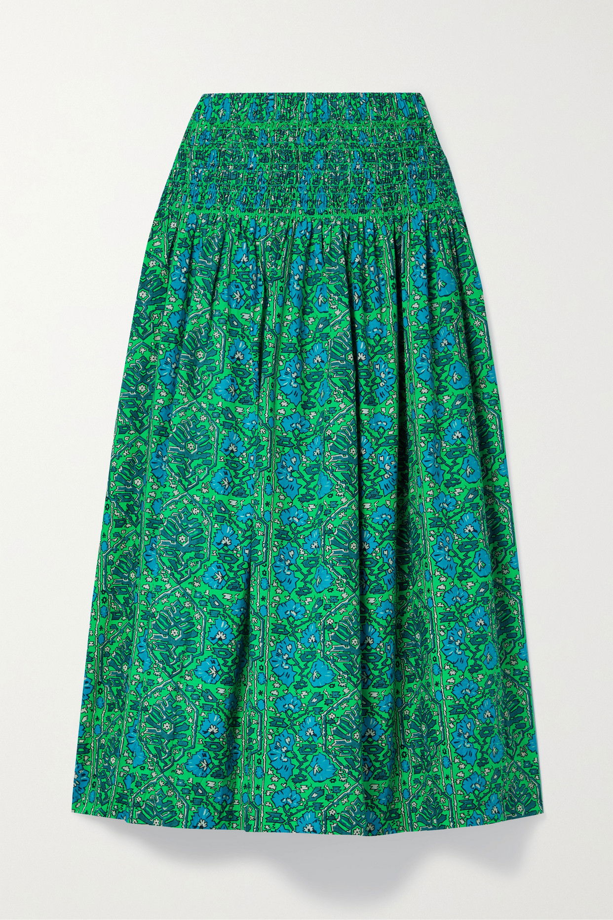 RHODE Lilou Shirred Printed Cotton-Poplin Midi Skirt in Blue | endource