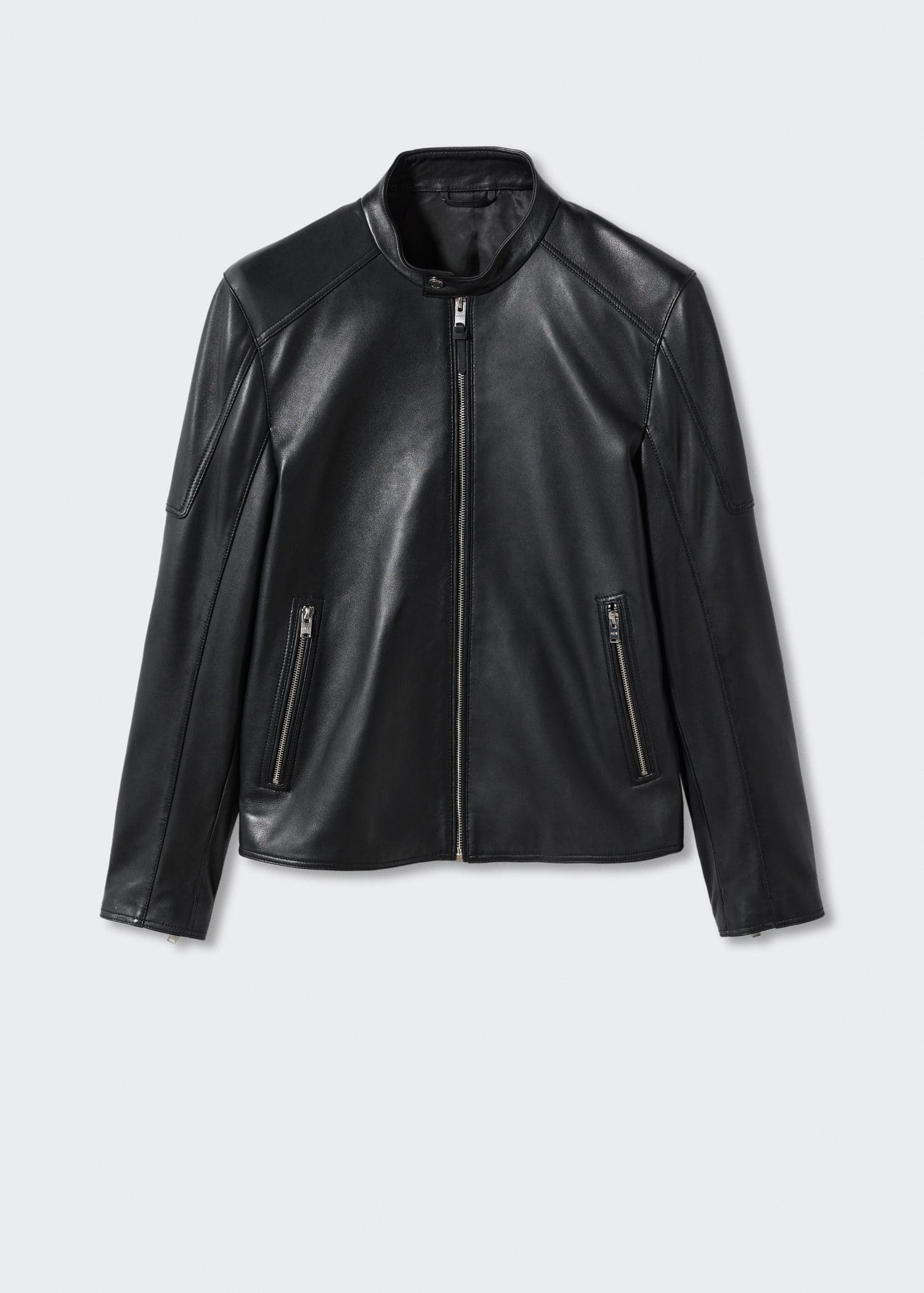 MANGO Zip-Detail Leather Biker Jacket in Black | endource