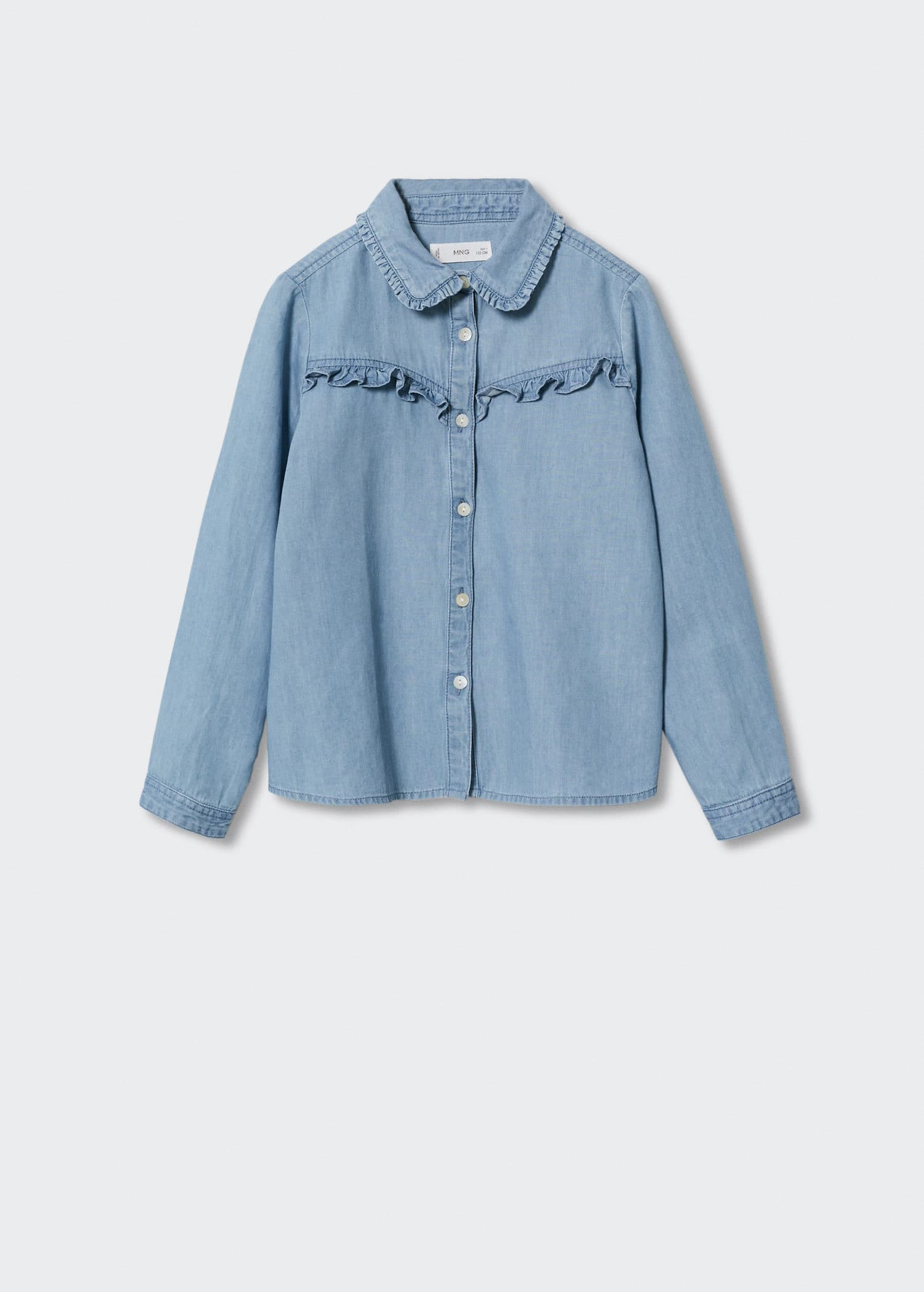 MANGO Ruffled Denim Shirt in Medium Blue | endource