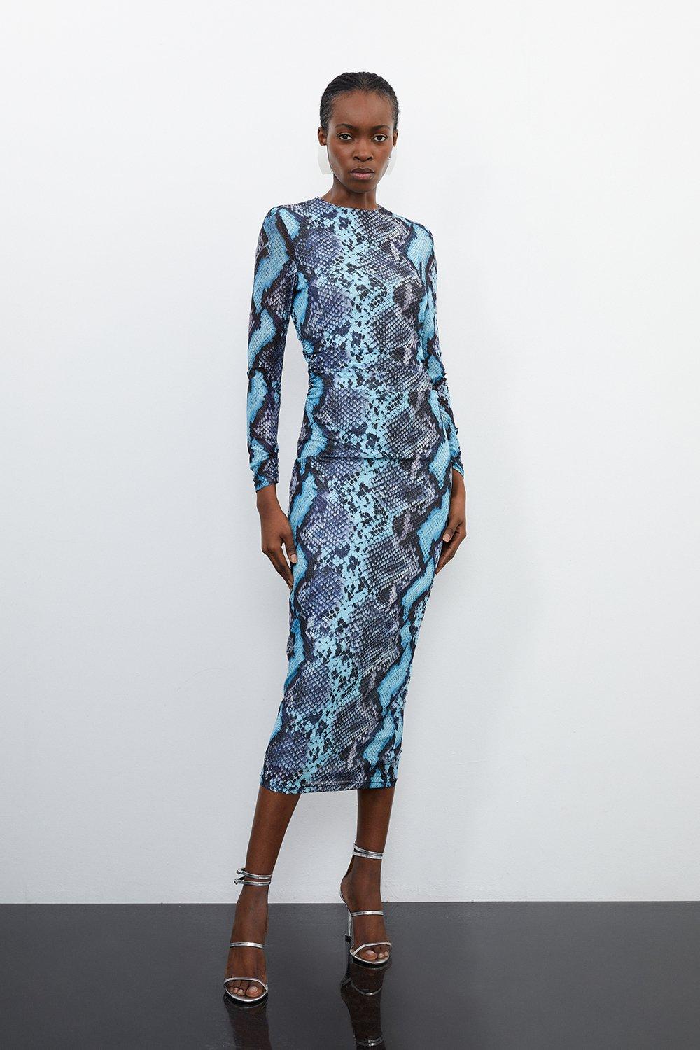 KAREN MILLEN Snake Print Mesh Jersey Maxi Dress in Snake | endource