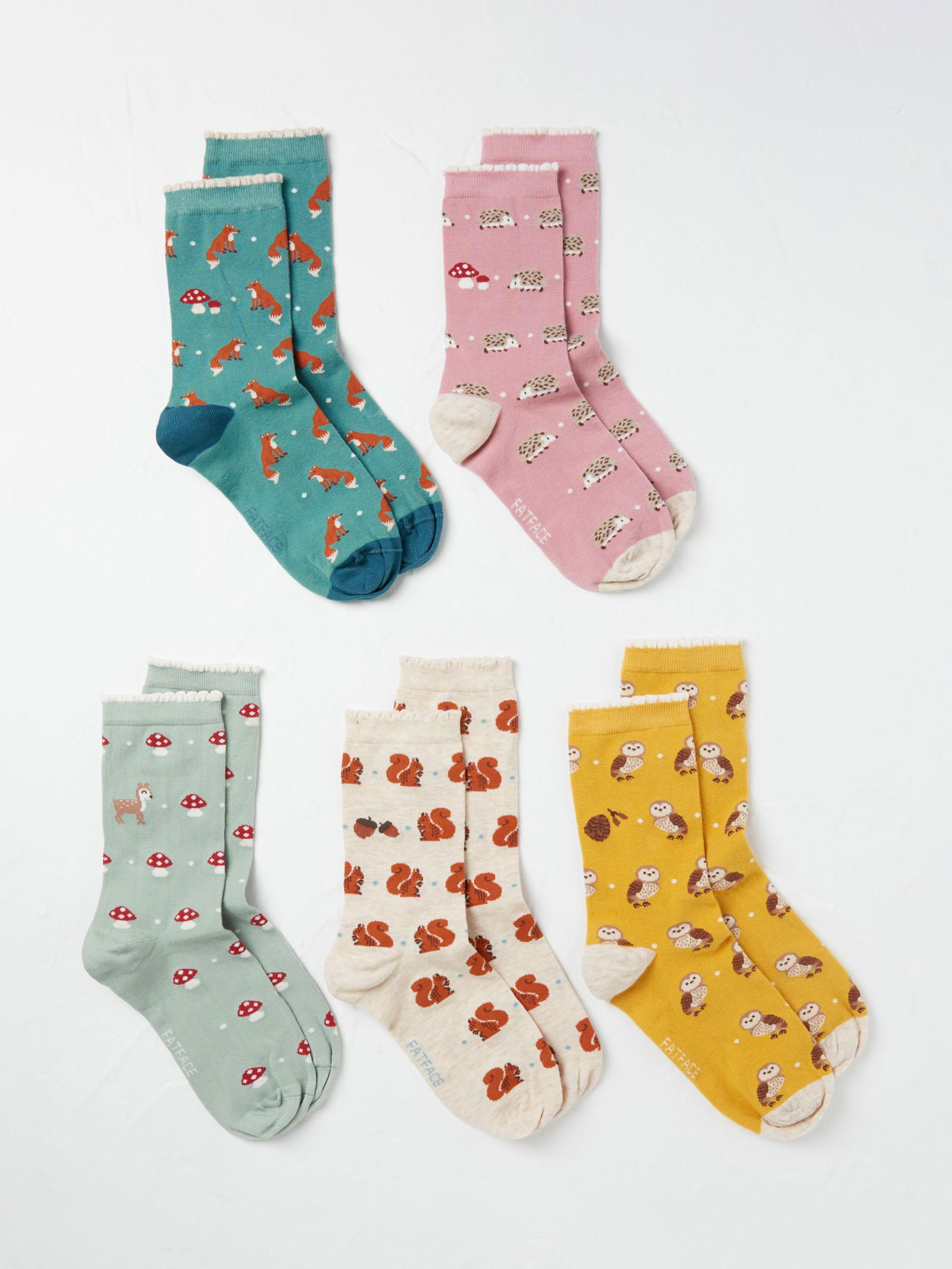 FATFACE Woodland Animal Socks, Pack Of 5 in Multi | endource
