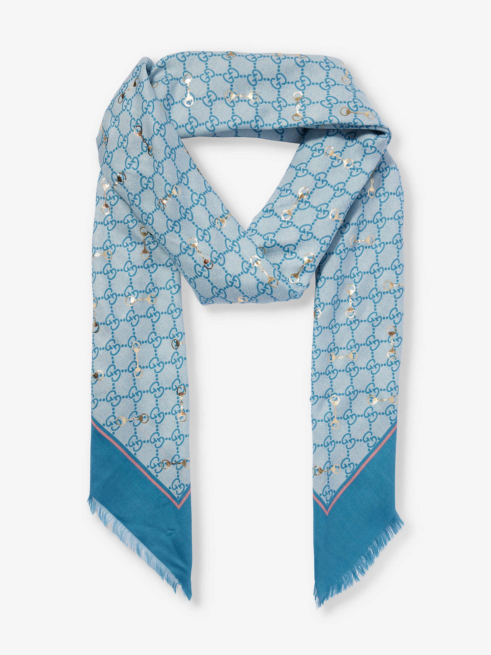 GUCCI GG Horsebit Graphic-Print Silk Scarf in Bluette/pink | endource