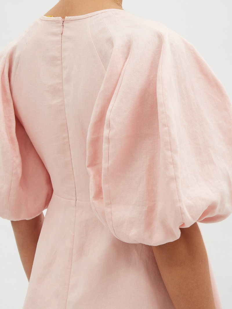 ZIMMERMANN Dancer Puff-Sleeve Linen Mini Dress in Pink | endource