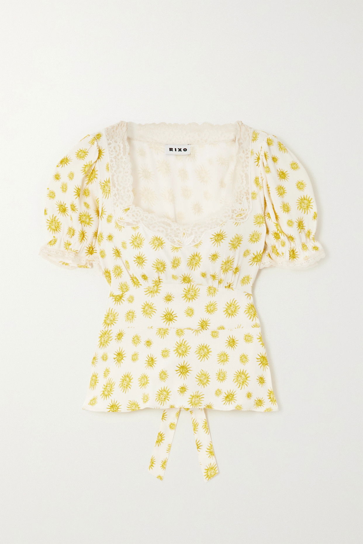 RIXO Selva Lace-Trimmed Printed Voile Top in Yellow | endource