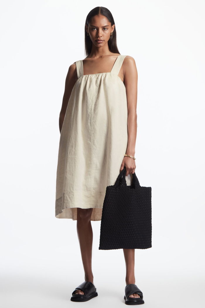 COS Oversized Gathered Linen Dress in BEIGE | endource