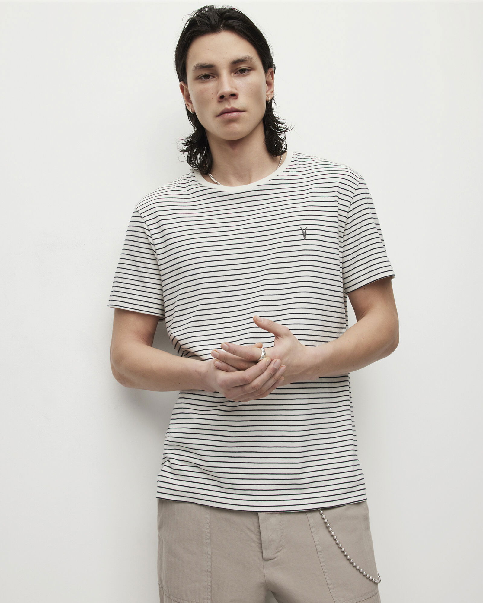 ALLSAINTS Wallis Striped Crew T-Shirt in CHALK WHTE/JT BLK | endource